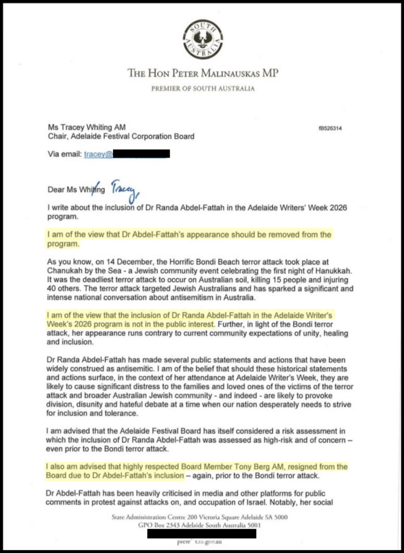 Randa Abdel-Fattah cancelled due to Malinauskas, board documents reveal ...